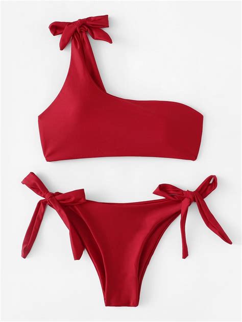 One Shoulder Tie Side Bikini Setfor Women Romwe Womens Swimsuits