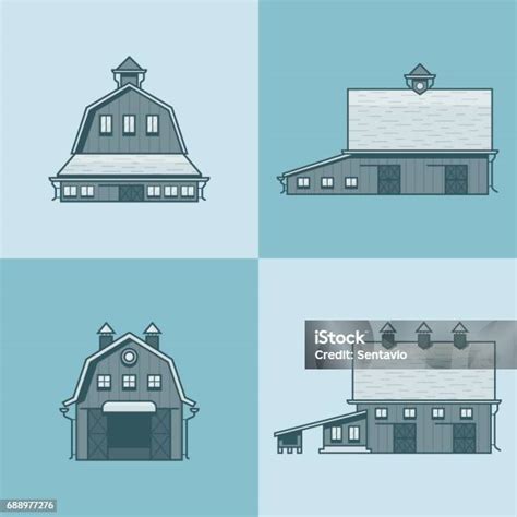 농장 목장 헛간 스토어 하우스 창 고 곡창 격납고 건축 집합 건물 선형 스트로크 윤곽선 평면 스타일 벡터 아이콘입니다 흑백 아이콘 컬렉션입니다 0명에 대한 스톡 벡터 아트