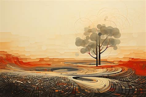 Premium Ai Image Tree Field Swirly Pattern Chung Orange Grass Golden