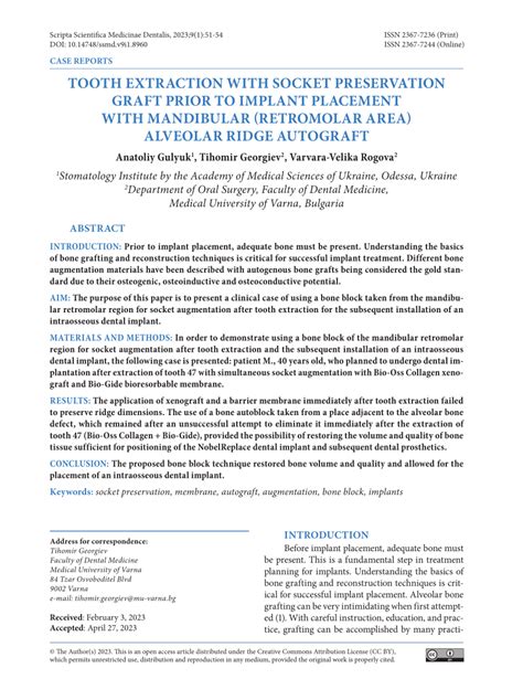 Pdf Tooth Extraction With Socket Preservation Graft Prior To Implant Placement With Mandibular
