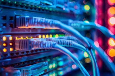 Network Cables Plugged Into Server With Blue And Red Lights In Background Stock Image Image Of