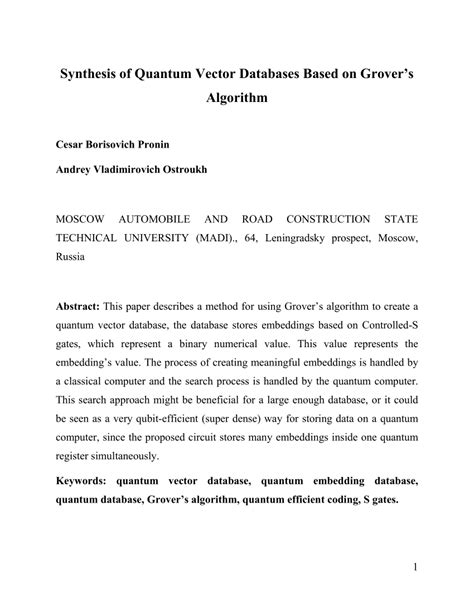 PDF Synthesis Of Quantum Vector Databases Based On Grovers Algorithm