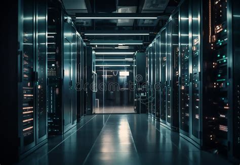 Shot Of Modern Data Center With Multiple Rows Of Fully Operational Server Racks Modern High