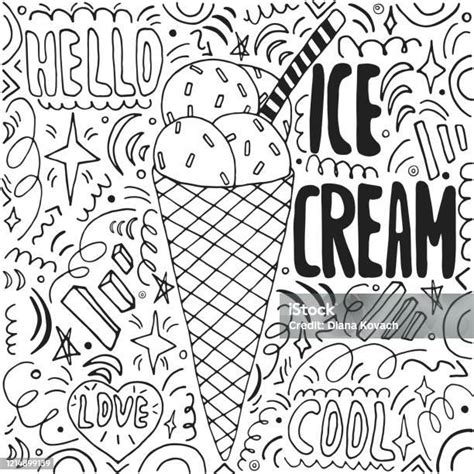 와플 콘 아이스크림 공 분말 초콜릿 롤 별 라인의 요소 기호 포인트 원 낙서의 손으로 그린 세트 비문 아이스크림 안녕하세요 시원한 사랑 벡터 플랫 일러스트레이션 3에 대한