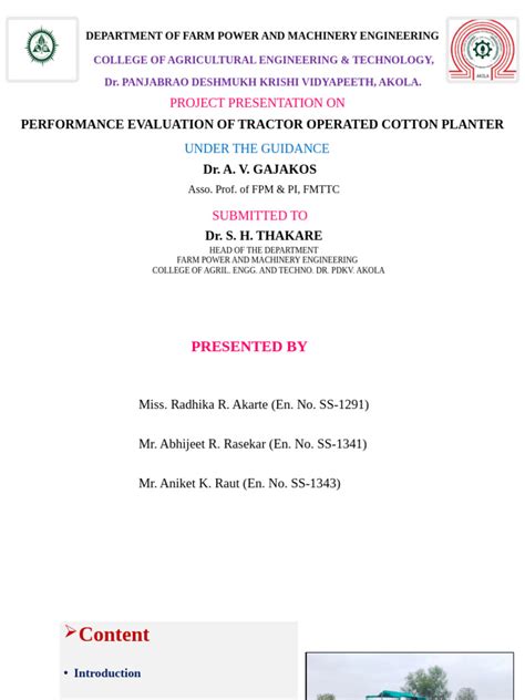 Project Presentation On Performance Evaluation Of Tractor Operated