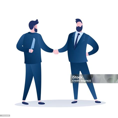 두 사업가가 악수를 하고 있다 배신 은유 흰색 배경에 격리 된 남성 캐릭터 후면에 대한 스톡 벡터 아트 및 기타 이미지 후면 등 악수 Istock