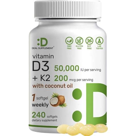 Deal Supplement Vitamin D3 50 000 Iu K2 Mk7 200 Mcg Virgin Coconut