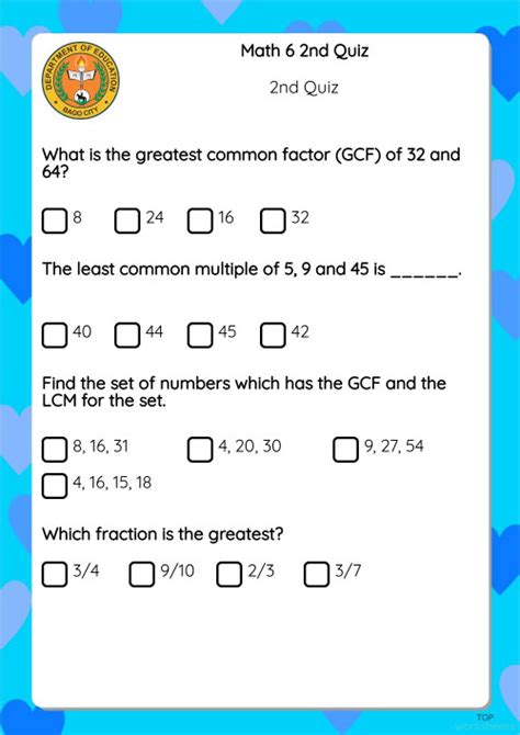 Math 6 2nd Quiz Interactive Worksheet Topworksheets
