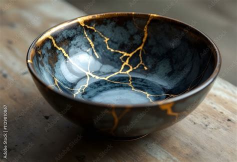 Kintsugi Bowl Gold Cracks Restoration On Old Japanese Pottery Restored