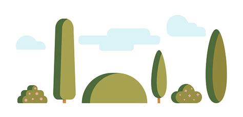 꽃과 하늘 구름이 있는 나무와 덤불의 집합입니다 토스카나 여름 사이프러스 조경 또는 그래픽 디자인을 위한 간단한 격리된 평면 클립 아트 0명에 대한 스톡 벡터 아트 및 기타