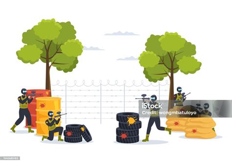 총을 쏘고 조준하고 플랫 만화 손으로 그린 템플릿 그림의 필드 장면에서 공격으로 전투기 플레이어의 페인트볼을 하는 사람들 육군 병사에 대한 스톡 벡터 아트 및 기타 이미지