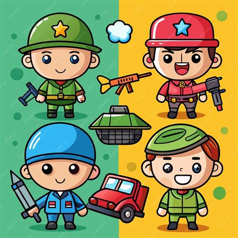 Illustration Of Four Chibi Characters In Different Military Outfits With Weapons And Vehicles