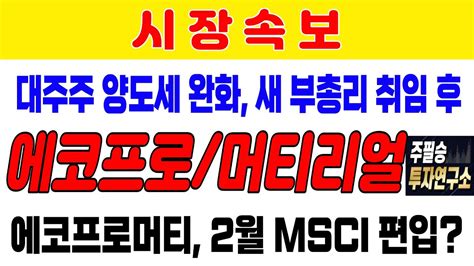 에코프로머티리얼즈 대주주 양도세 완화 빠르면 내일 발표 새 경제 부총리 취임 후 결정될 수도에코머티 2월 Msci 편입 가능성 Hmm 박순혁 선대인 포스코