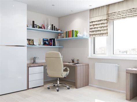 Рабочая зона в минималистическом стиле обустроена открытыми полками что делает работу более