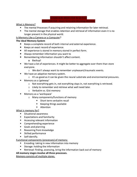 Cognition Chapter And COGNITION WEEK FIVE CHAPTER FIVE Short Term And Working