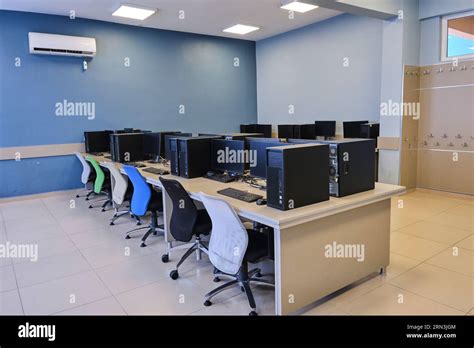 Empty Computer Lab In A University Computer Lab Room Room With A Lot Of Computers Desks