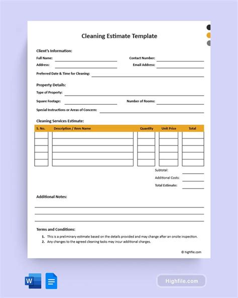 Cleaning Estimate Template Word Google Docs Highfile Estimate Template Templates Cleaning