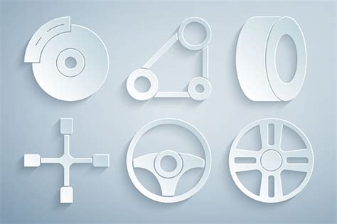 스티어링 휠 자동차 타이어 휠 렌치 합금 타이밍 벨트 키트 및 캘리퍼스 아이콘이 있는 브레이크 디스크를 설정합니다 벡터 3차원 형태에 대한 스톡 벡터 아트 및 기타 이미지