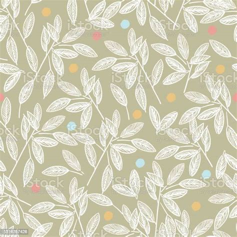 펜 드로잉 리프와 컬러풀한 도트 일러스트 모티프 원활한 반복 패턴 카키와 화이트 배경 0명에 대한 스톡 벡터 아트 및 기타 이미지 0명 계절 고풍스런 Istock