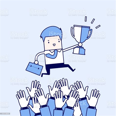 우승 트로피를 위해 싸우는 사업가 도전자의 손에 점프 트로피와 사업가 만화 캐릭터 얇은 선 스타일 벡터 Championship에 대한 스톡 벡터 아트 및 기타 이미지