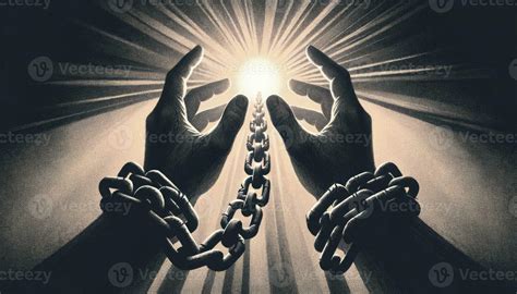 Chained Hands Reaching Out Towards A Distant Glowing Light Portraying