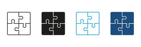 Puzzle Combination Solution Line And Silhouette Icon Set Jigsaw Square Pieces Match Pictogram