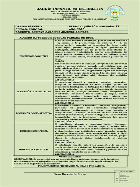 Informes Academicos Grado Parvulo Pdf Educación De La Primera