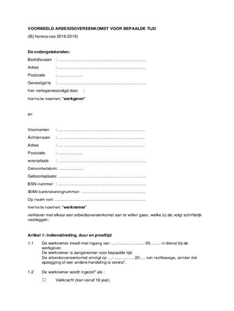 Invulbaar Online Khn Model Arbeidsovereenkomst Onbepaalde Tijd Horeca Faxnummer Email
