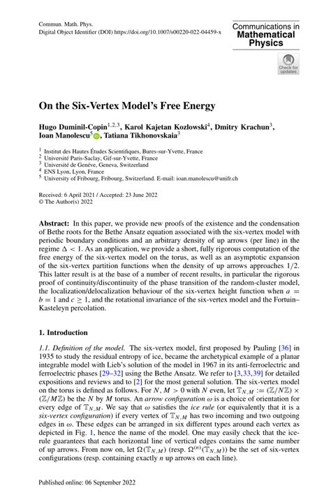 Pdf On The Six Vertex Models Free Energy