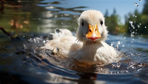 Cute Duckling Quacking Near Pond Reflecting Beauty In Nature Generated By Ai Stock Illustration