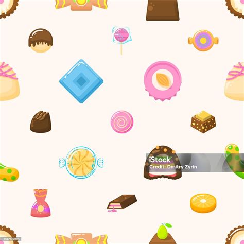 원활한 패턴 추상 요소 다른 과자 음식 막대 사탕 사탕 벡터 디자인 스타일 배경 일러스트레이션 질감 인쇄물 섬유 의류 선물 포장 벽지 파스텔 노랑에 대한 스톡 벡터 아트 및