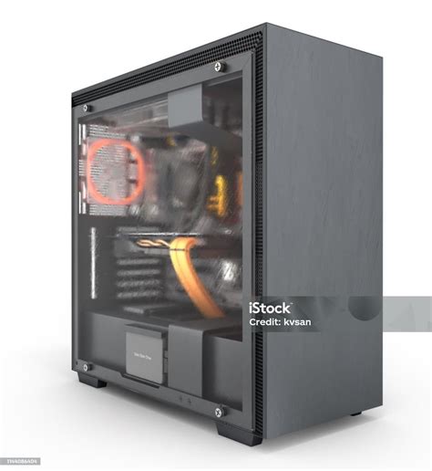 흰색 배경 3d 렌더링에 빨간색 조명 효과와 수냉식 냉각 시스템으로 컴퓨터 폐쇄 투명 커버 0명에 대한 스톡 사진 및 기타
