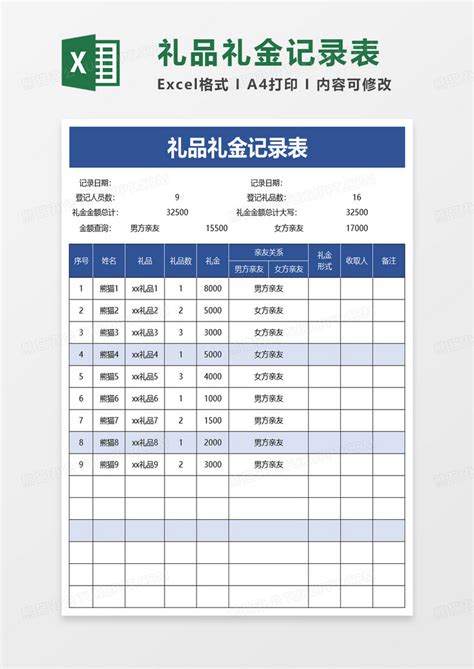 礼品礼金记录表Excel模板下载 熊猫办公