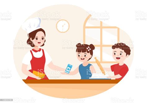 수업에서 아이들과 교사와 함께 요리 학교 요리사 집에서 만든 음식을 배우는 것은 평평한 만화 손으로 그린 템플릿 일러스트레이션에