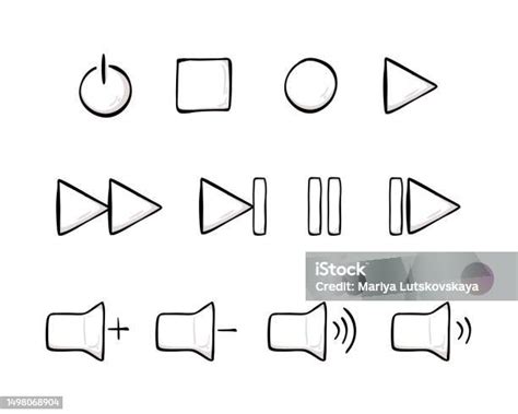오디오 아이콘 손으로 그린 선 격리 요소 화상 회의 웨비나 및 화상 채팅을 위한 개요 스타일 소리 및 음소거 신호 레벨 벡터 세트 켜기 및 끄기 거리가 먼에 대한 스톡 벡터