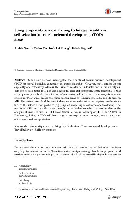 Pdf Using Propensity Score Matching Technique To Address Self Selection In Transit Oriented