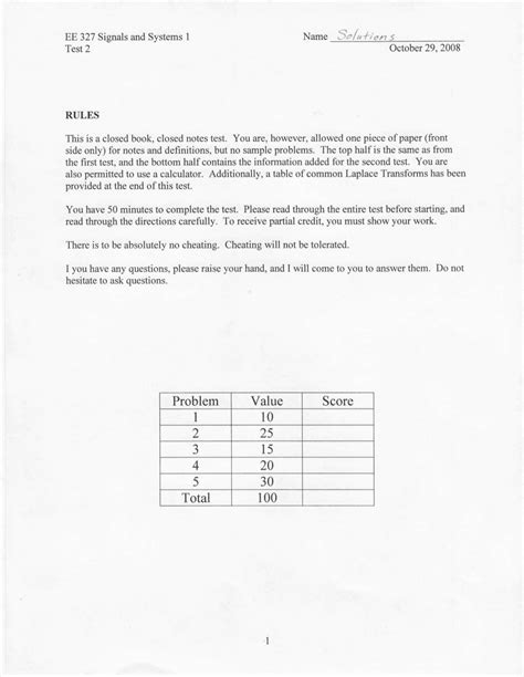 Exam 2 With Solution For Signals And Systems 1 Ee 327 Exams Signals