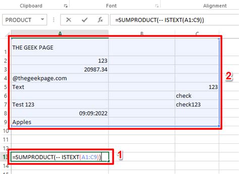 how to count the number of cells containing text strings in excel