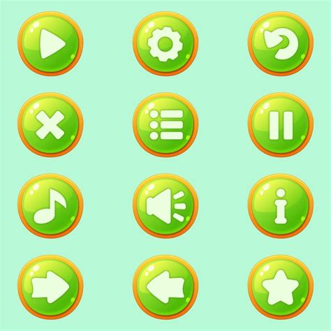 만화 스타일의 게임 라운드 버튼 세트입니다 모바일 게임 개발을 위한 Gui 버튼 Ui 디자인 키트 프리미엄 벡터