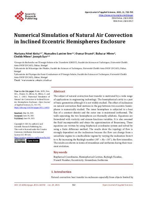 Pdf Numerical Simulation Of Natural Air Convection In Inclined Eccentric Hemispheres Enclosure
