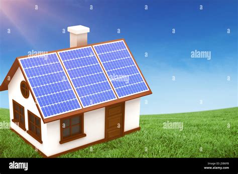 Digitally Generated Image Of D House With Solar Panels Against Green Field Under Blue Sky Stock