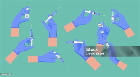 고무 장갑을 착용한 의사의 손에 앰플 백신과 주사기를 장착한 의료독감 예방 접종 의 개념 손에 대한 스톡 벡터 아트 및 기타 이미지 손 주사기 보호 장갑 Istock