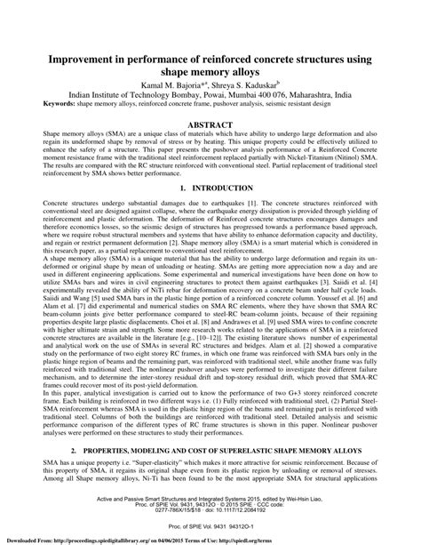 Pdf Improvement In Performance Of Reinforced Concrete Structures Using Shape Memory Alloys