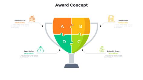 챔피언 컵 또는 상금은 4 개의 다채로운 직소 퍼즐 조각으로 나뉩니다 비즈니스 성공의 네 가지 기능의 개념 간단한 인포그래픽 디자인 템플릿입니다 배너에 대한 현대적인 평면