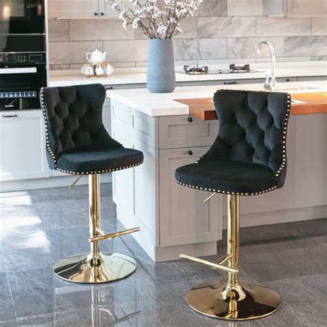 2 Piece Golden Swivel Velvet Barstools Adjusatble Seat Height From 25