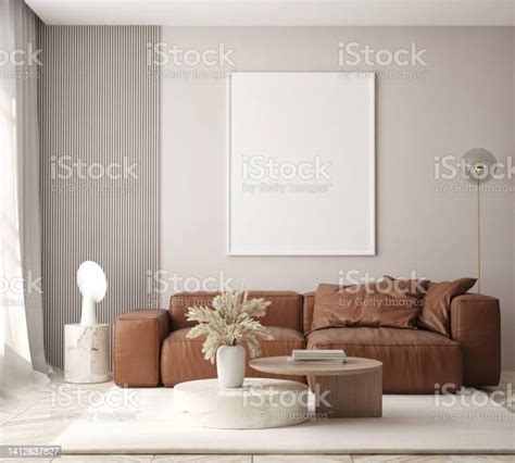 현대적인 인테리어 배경 거실 스칸디나비아 스타일 3d 렌더 3d 일러스트레이션의 포스터 프레임을 모의 작품집에 대한 스톡 사진