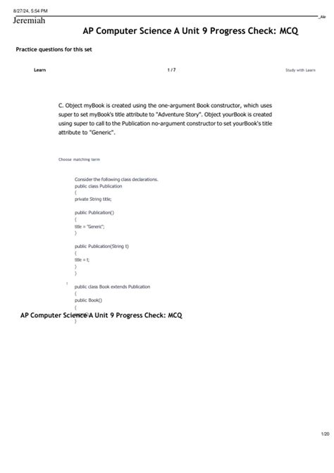 Ap Computer Science A Unit 9 Progress Check Mcq Questions With