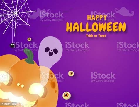 해피 할로윈 트릭 또는 치료 종이 컷 스타일 호박과 유령 재미있는 파티 축하 초대장 배너 템플릿 포스터 배경 벡터 일러스트 레이