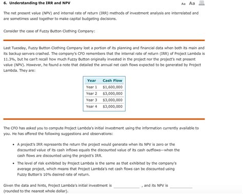 Solved The Net Present Value Npv And Internal Rate Of