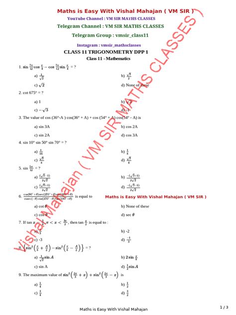 Class 11 Trigonometry Dpp 1 Pdf Mathematical Analysis Classical Geometry